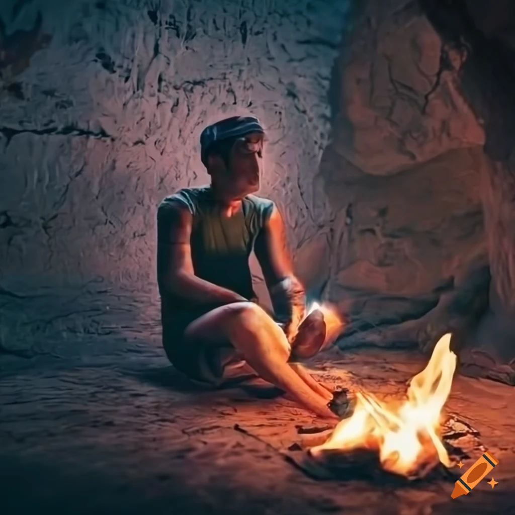 Man seated near campfire in mystical cave on Craiyon