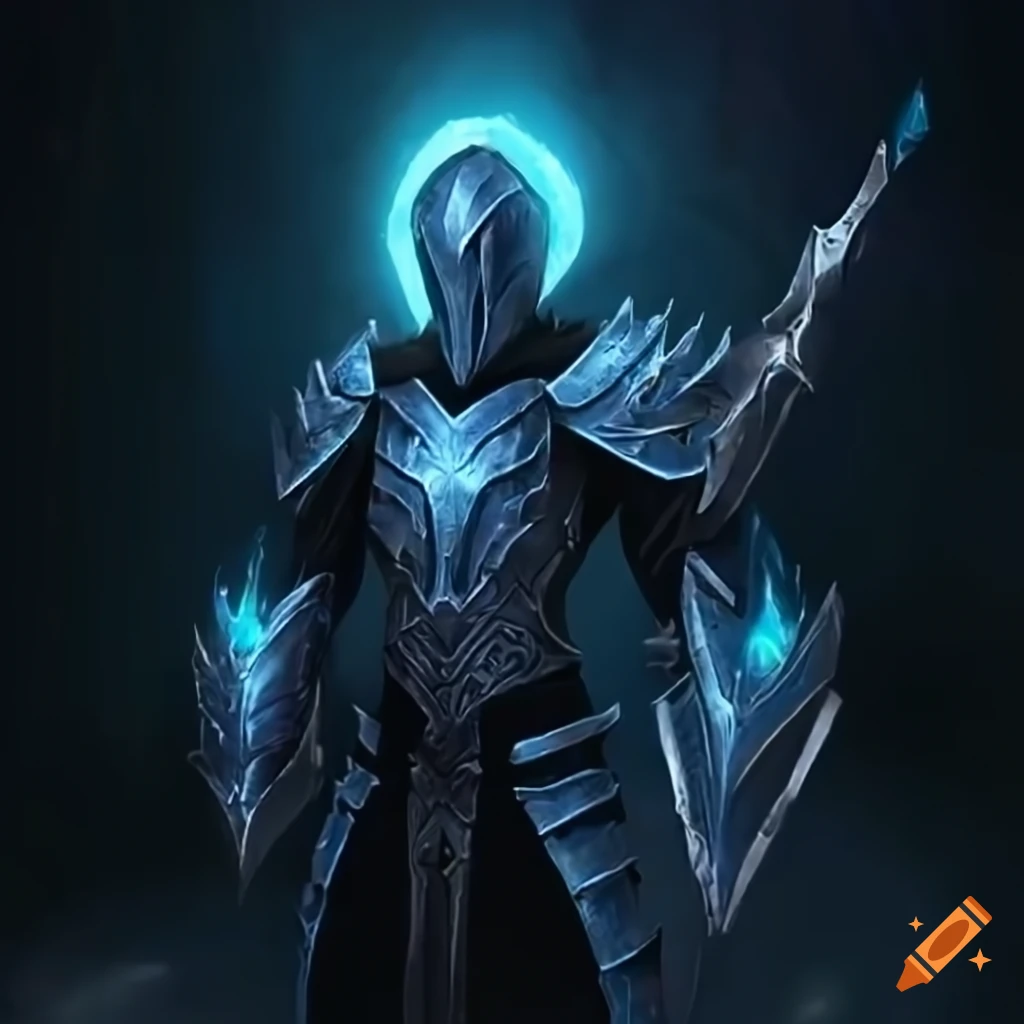 Blue armored knight resembling a wizard with spikey helm and crystal ...