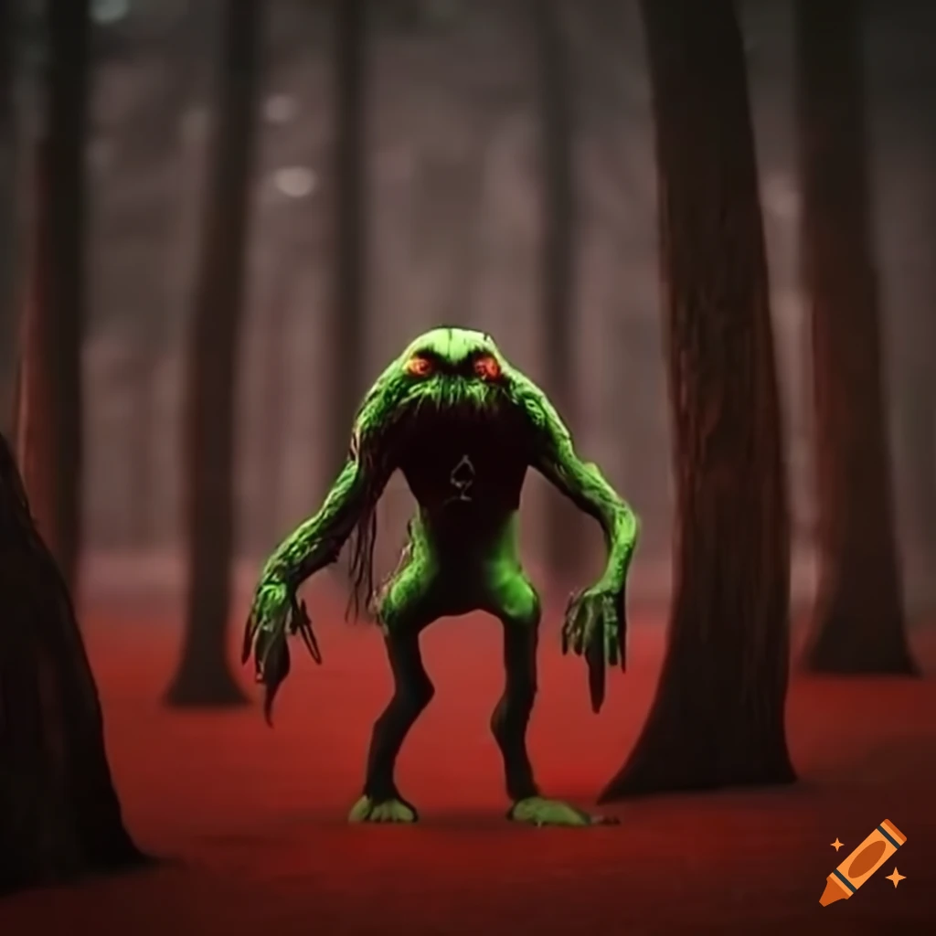 Scary cyan monster in a red forest under a black sky on Craiyon