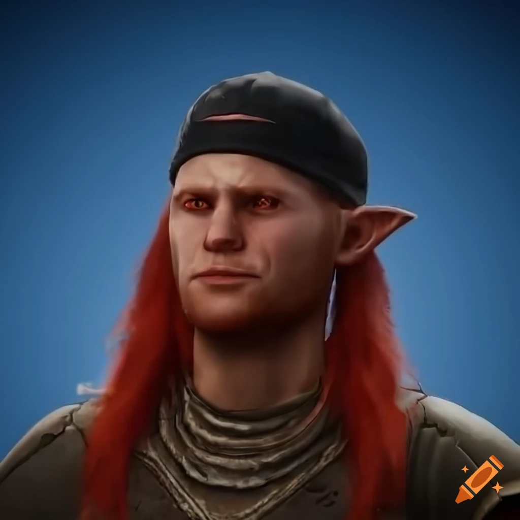 Pale-skinned sci-fi elf man with red hair and eyes in a futuristic ...