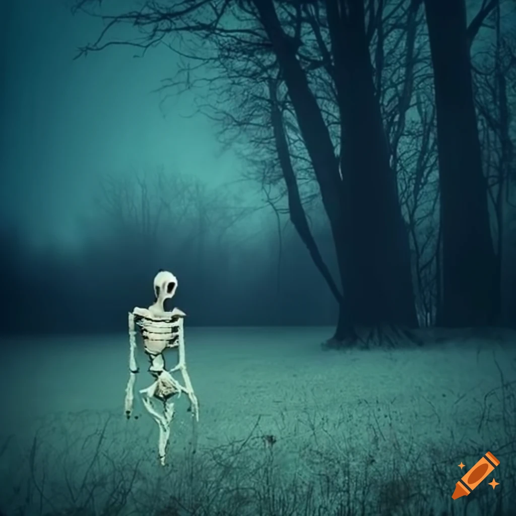 Skeleton standing alone in a field on Craiyon