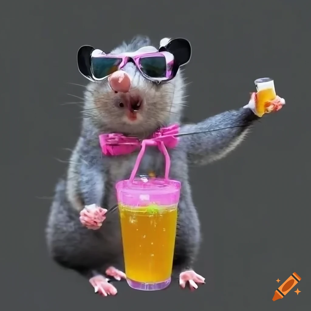Possum with pink glittery sunglasses holding a cigarette and a fruity ...