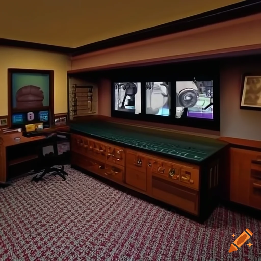 Master control room with a king bed, nightstand, and microwave on Craiyon