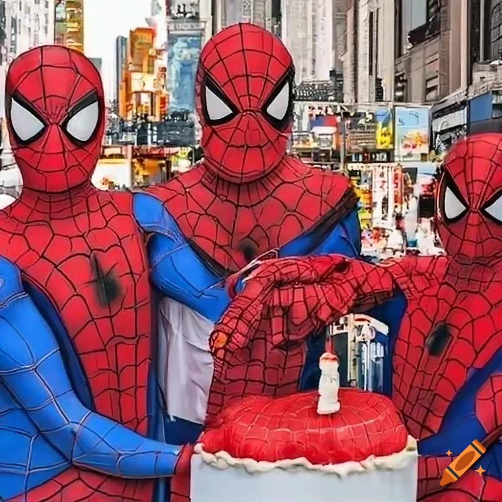 Friends dressed as spider-man characters celebrating a birthday in ...
