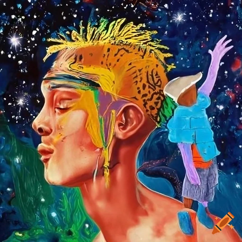 Surrealistic artwork of two young guys with bright colors in a space ...