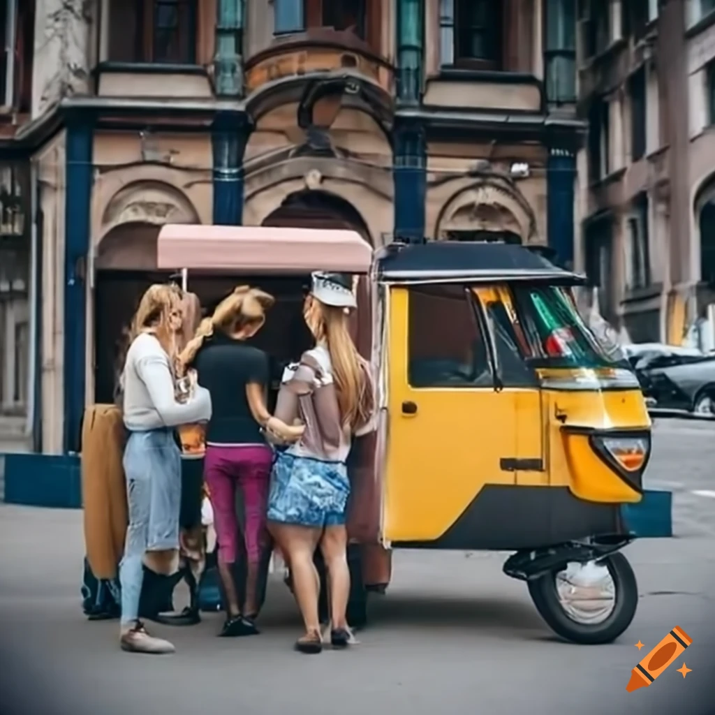 Piaggio ape coffee-mobile surrounded by people with coffee-to-go cups ...
