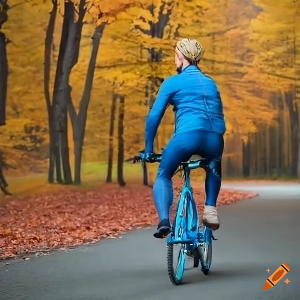 Weathered man riding a blue bicycle downhill through autumn foliage on ...