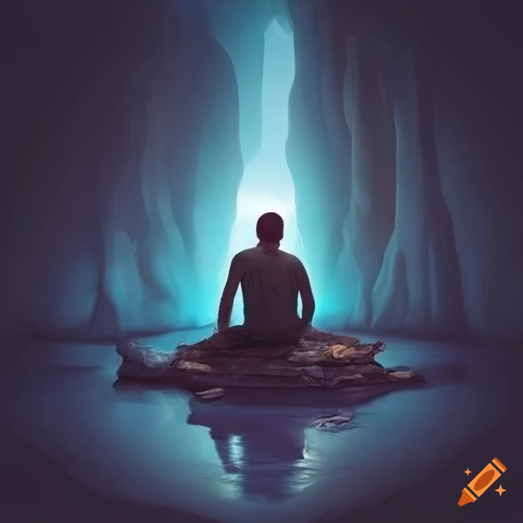 Man sitting near a campfire in a mystical cave on Craiyon