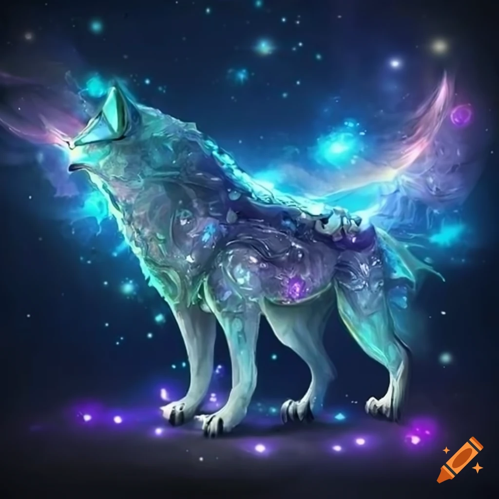 Radiant crystalline wolf in a bright starlit setting on Craiyon