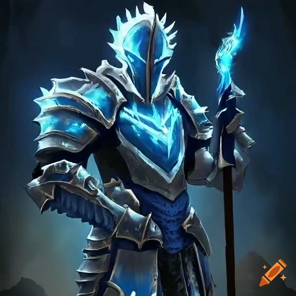 Blue armored knight resembling a wizard with spikey helm and crystal rod in a cave on Craiyon