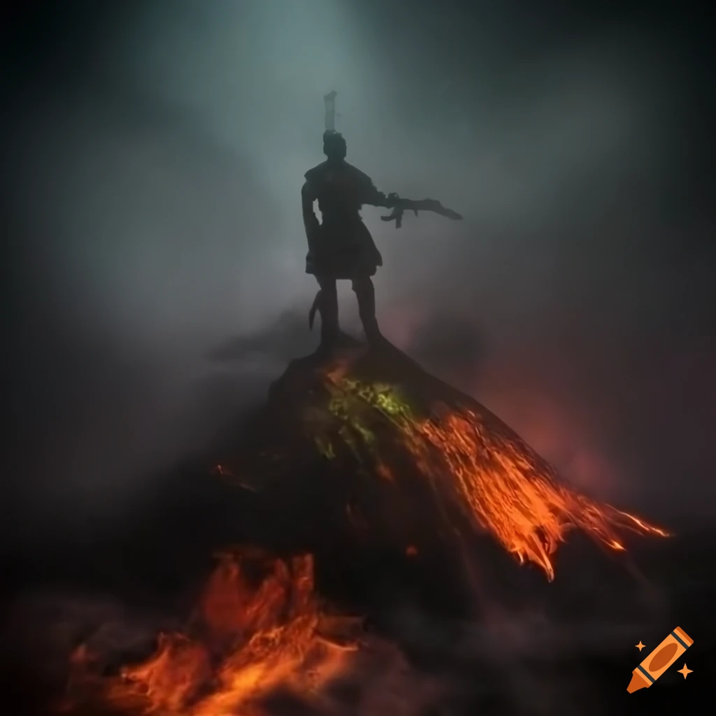 Medieval soldier standing in a battlefield of death and misery with ...