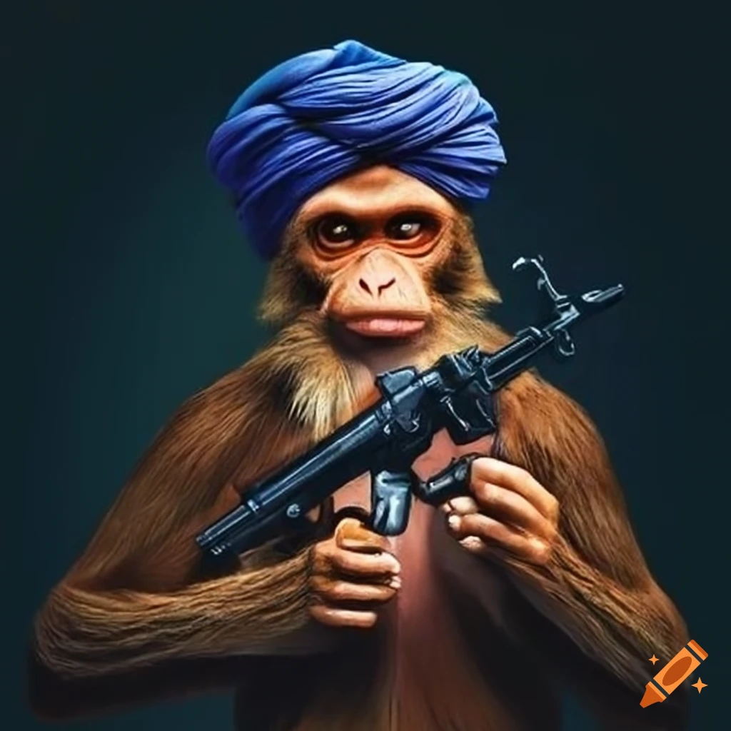 Monkey with a turban holding a gun on Craiyon