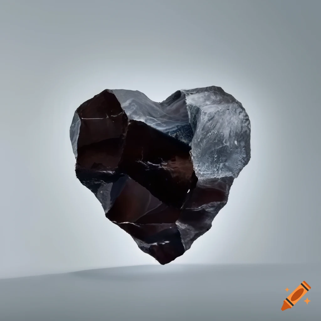 Heart-shaped obsidian block levitating in white fog on Craiyon