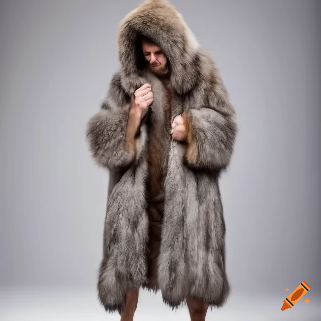 Man in grey wolf fur robe with hood up on Craiyon