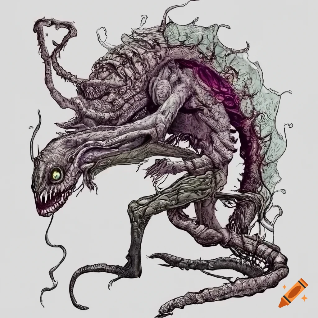 Detailed illustration of an eldritch creature with long tendrils and ...