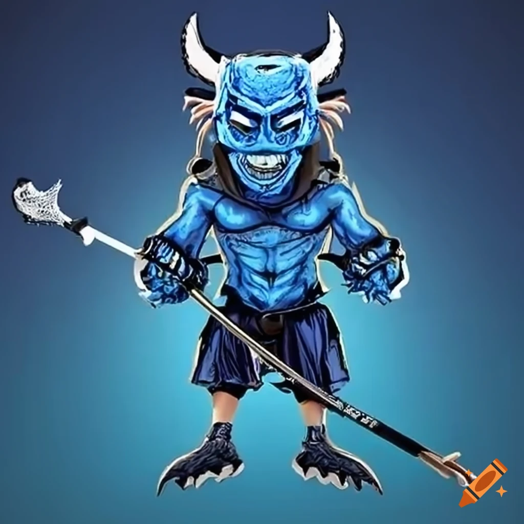 Blue devil design with trident, lacrosse stick, and helmet on Craiyon
