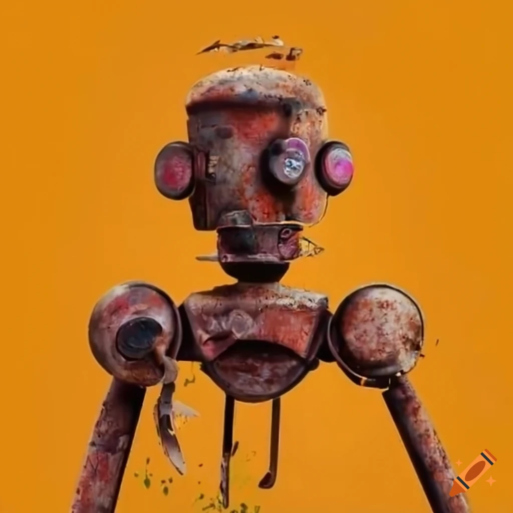 Broken rusted robot with flowers in a dystopian landscape on Craiyon