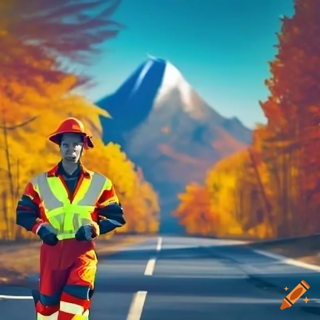 Traffic control crew with mountain view and fall foliage on Craiyon