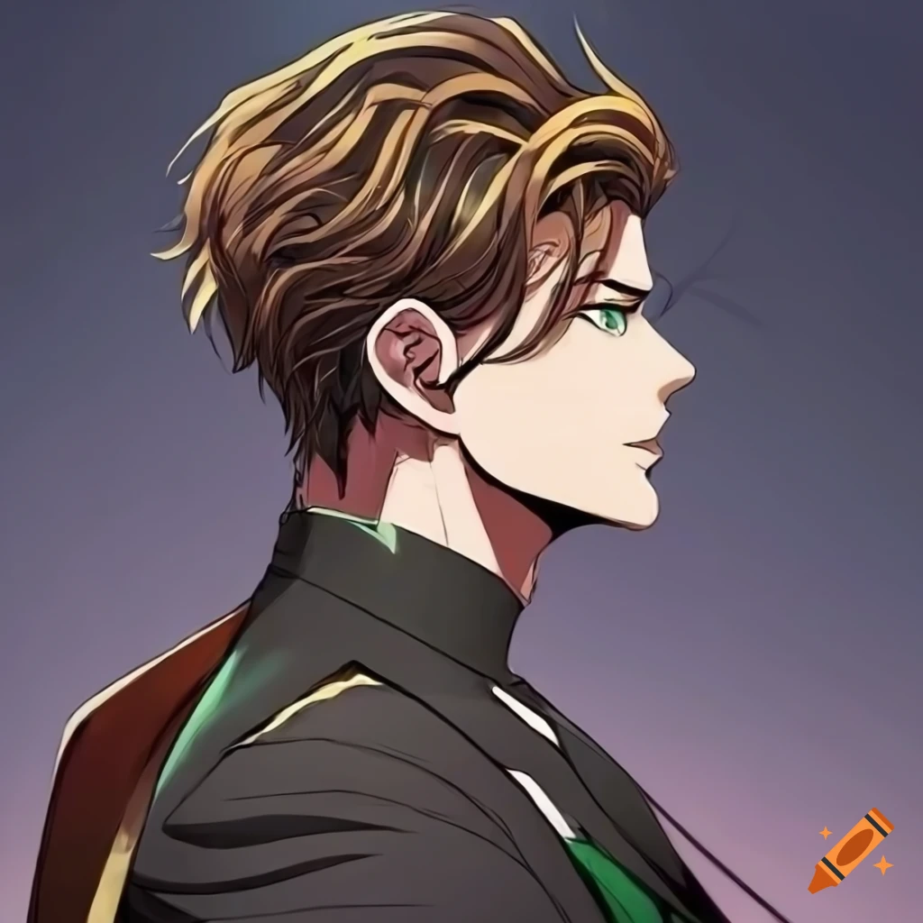 Manhwa character with slicked back brown hair in black suit and green ...