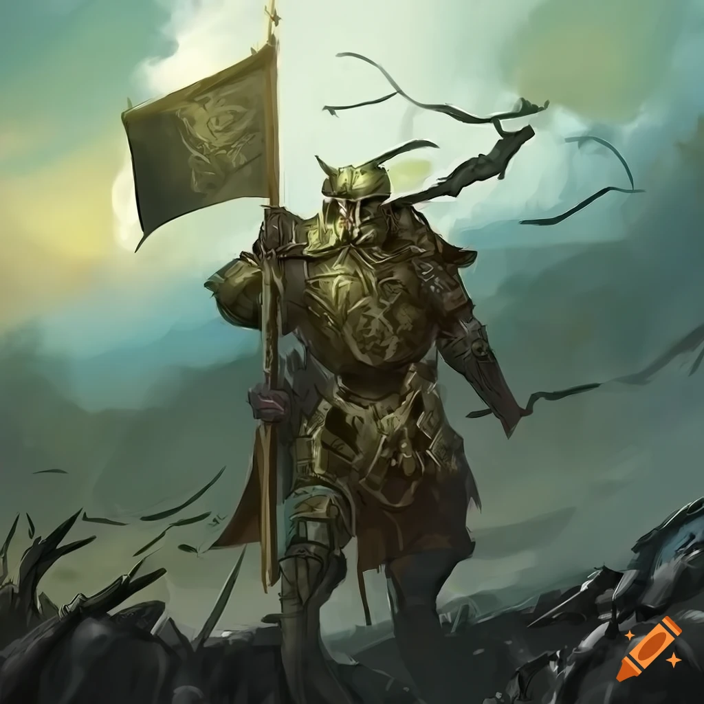 Army rally under their banner in a fantasy art style on Craiyon