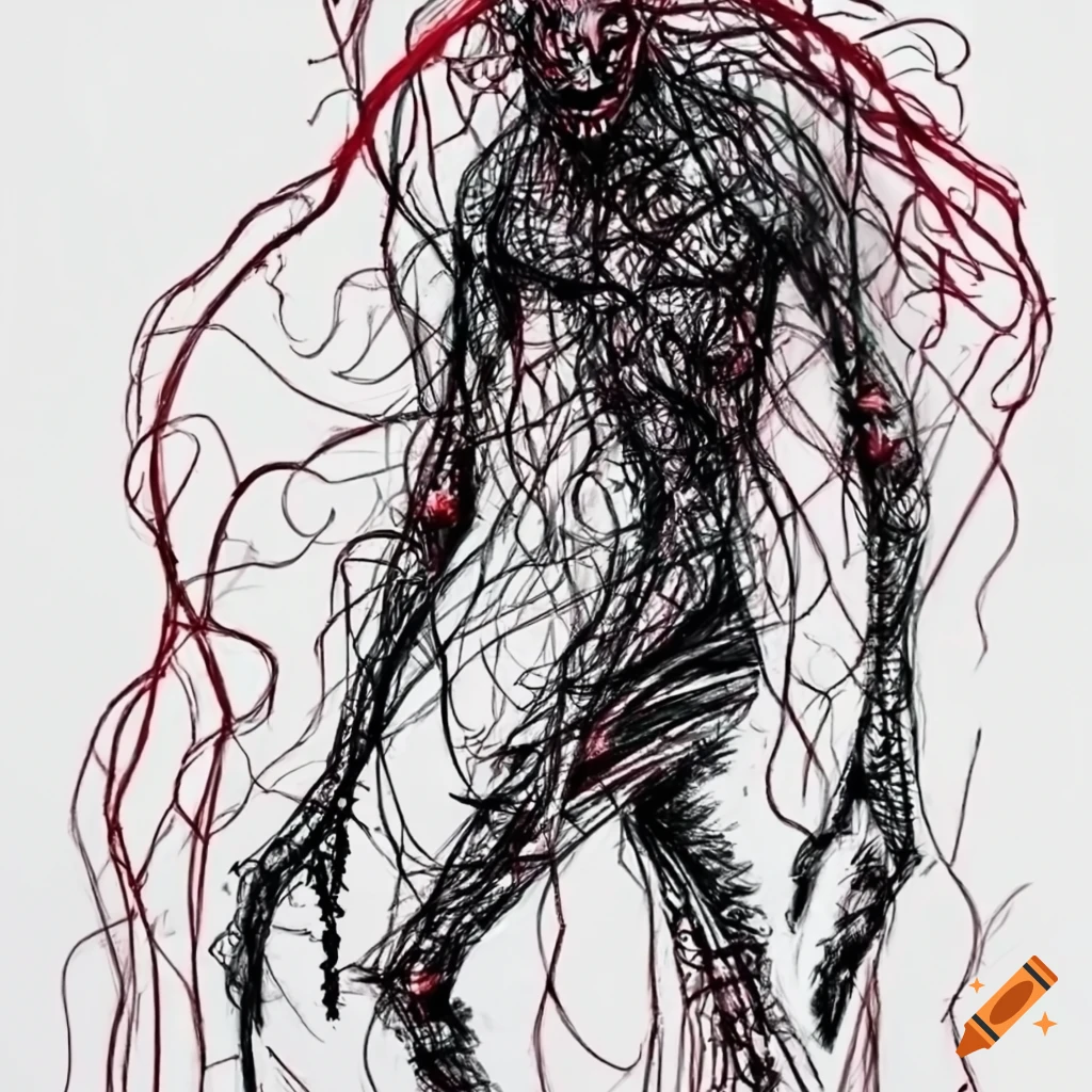 Scribble pencil art of nightmare child god in black, red, and white on ...