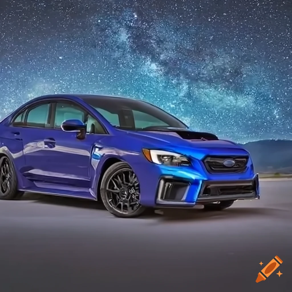 Blue 2018 Subaru WRX driving on a mountain road under a starry night ...