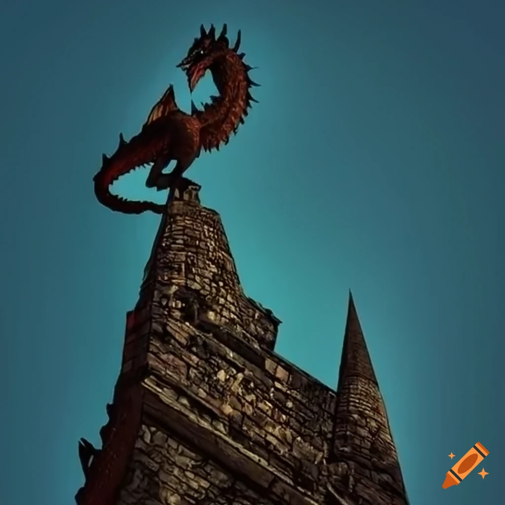Dragon on top of a tall tower on Craiyon
