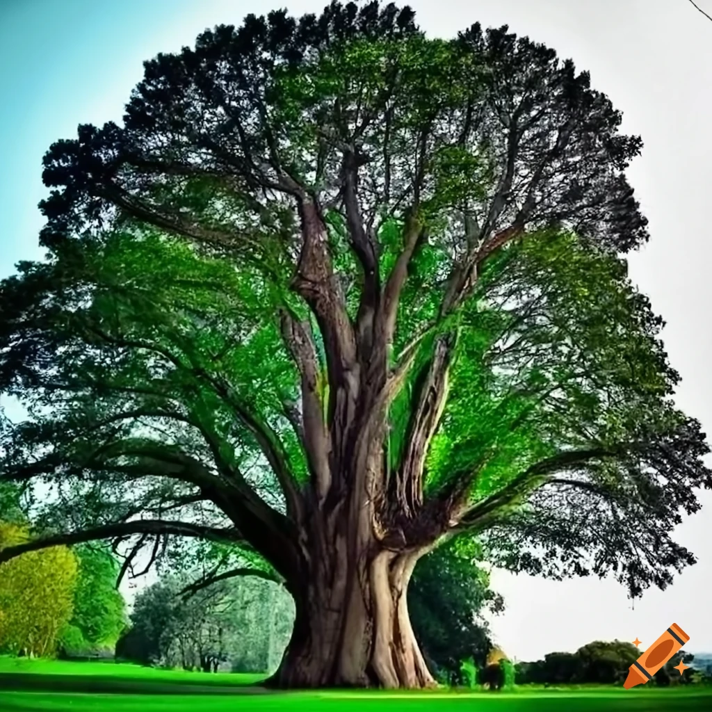 Tall tree standing proud in the park with roots and branches reaching ...