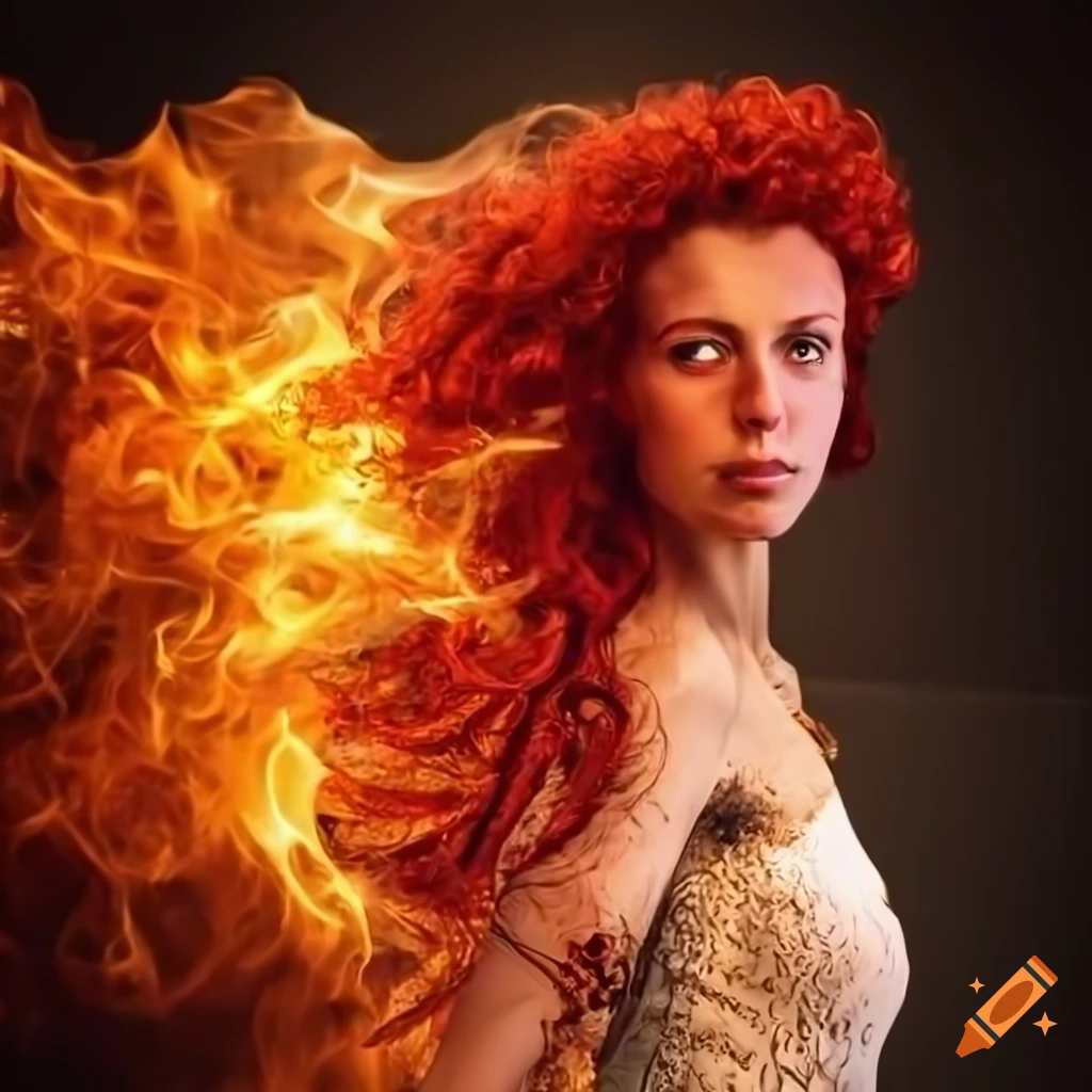 Portrait of a fire goddess with flaming dress and hair in front of a ...