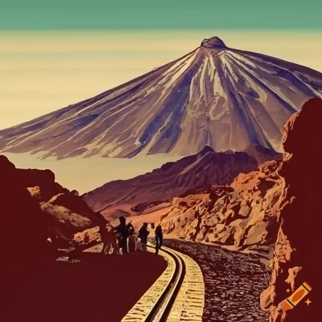 Three people walking under mount teide in tenerife in 1930s railway ...