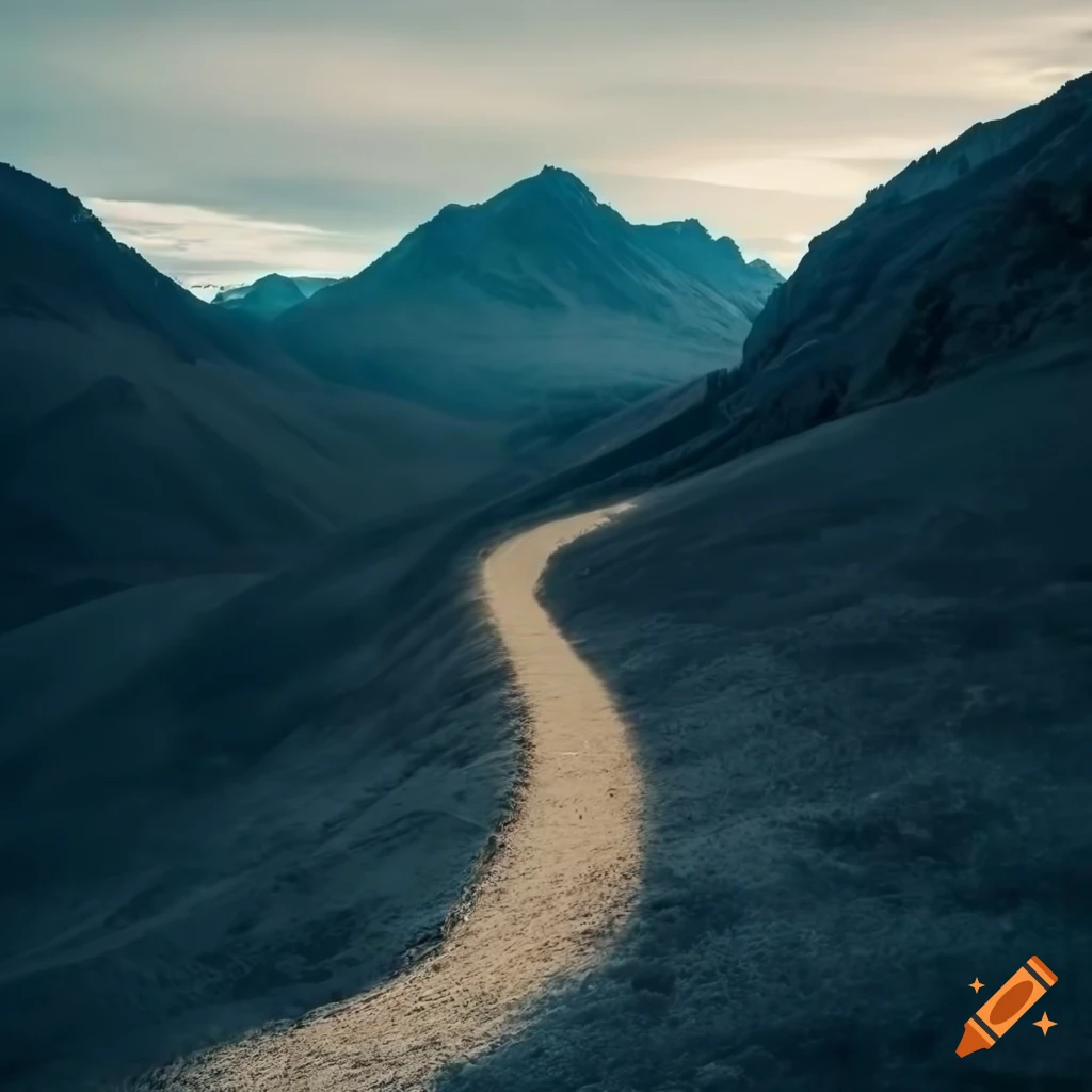 Winding path through desolate landscape leading to foreboding mountain ...