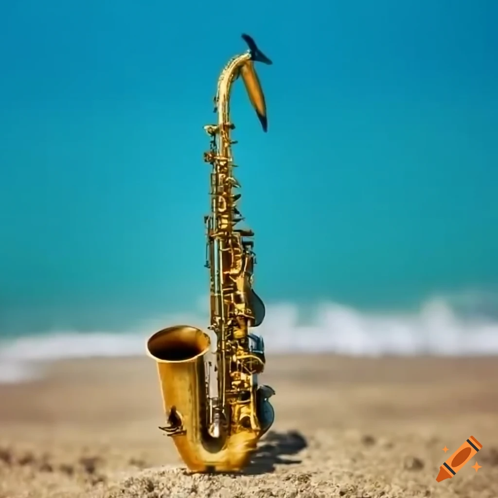 Bird's eye view of a beach with a saxophone in the sand on Craiyon