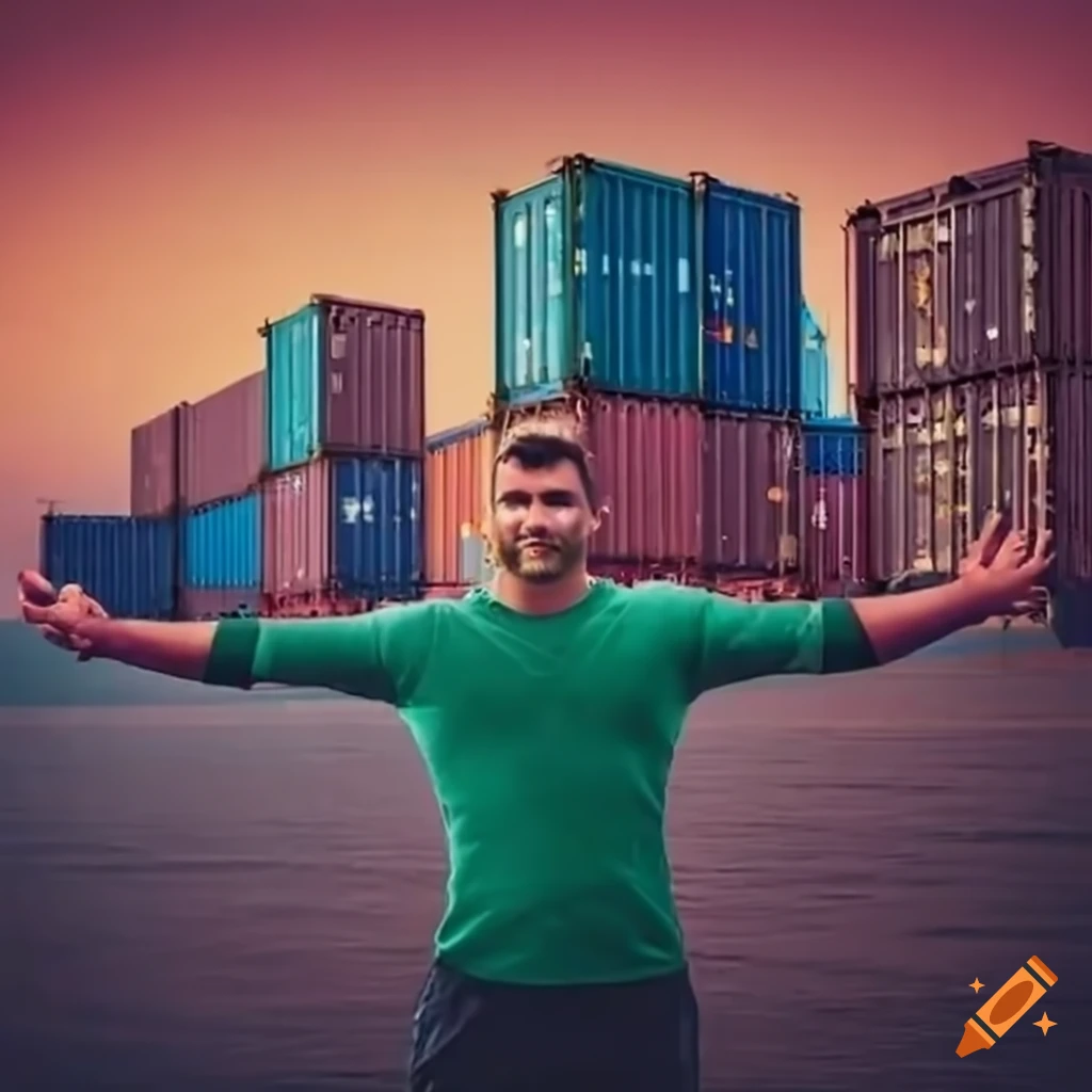 Man celebrating in front of shipping containers on a container ship on ...