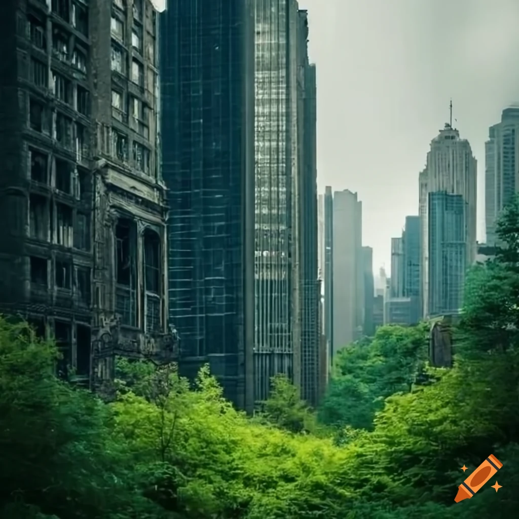 Abandoned and ruined Chicago cityscape with lush vegetation overgrowth on Craiyon