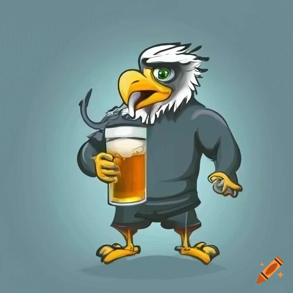 Cartoon eagle in rugby jersey winking with beer glass on Craiyon