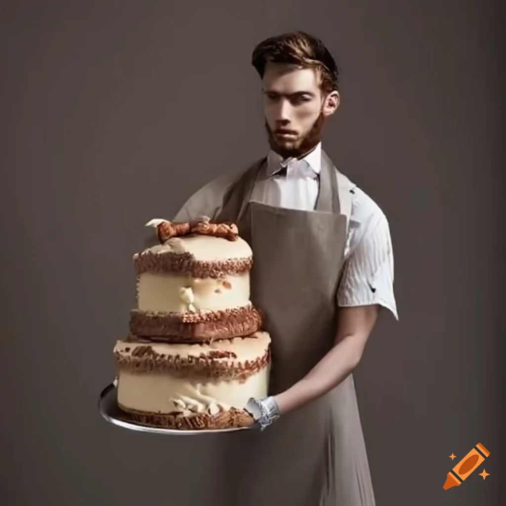Male baker carrying a tall cake in the style of Da Vinci on Craiyon