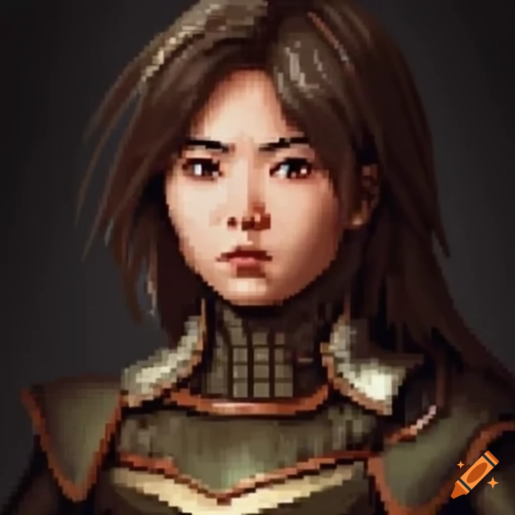 Pixel art of a realistic asian female medieval soldier in armor on Craiyon