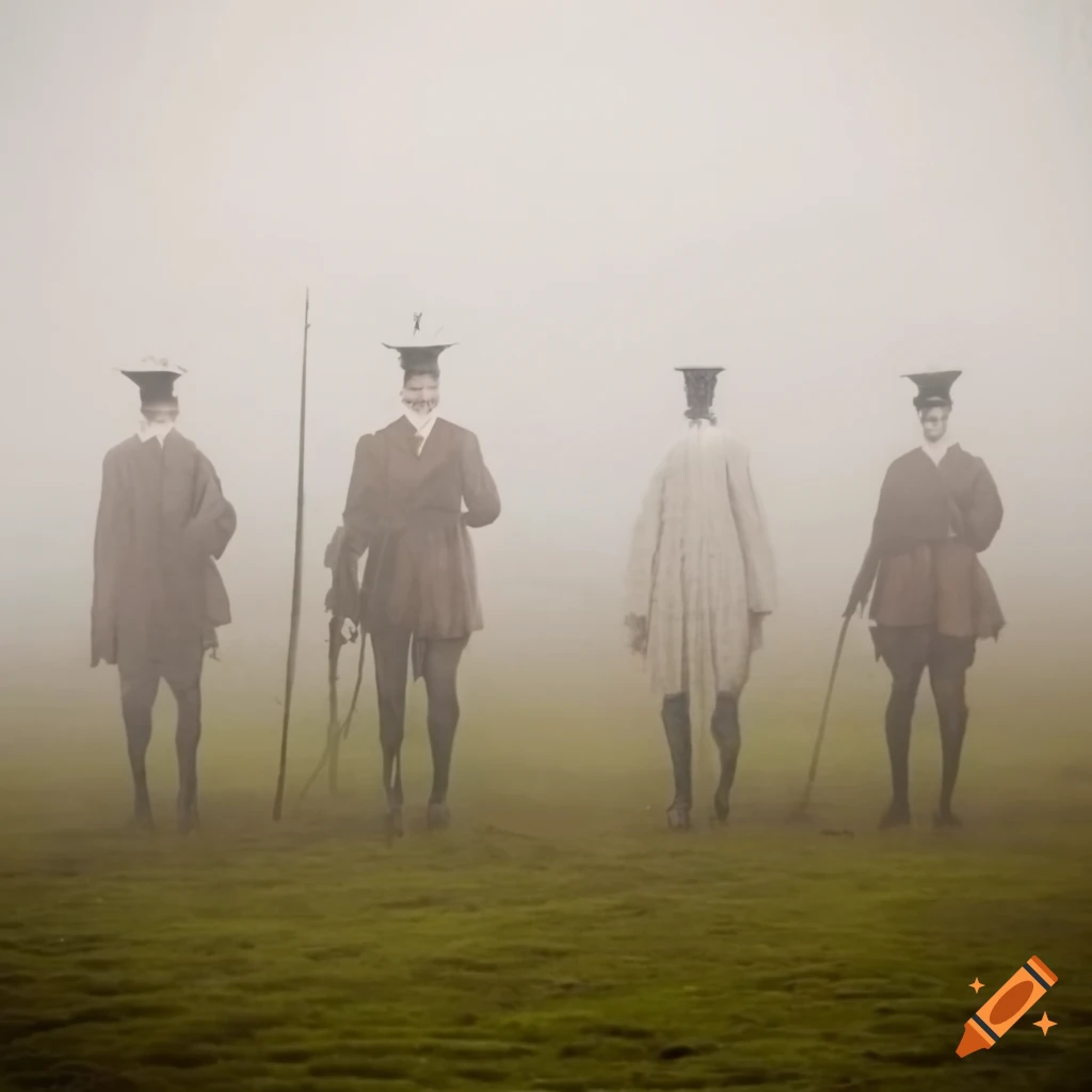 Hunter team photo in 19th century english countryside fog on Craiyon