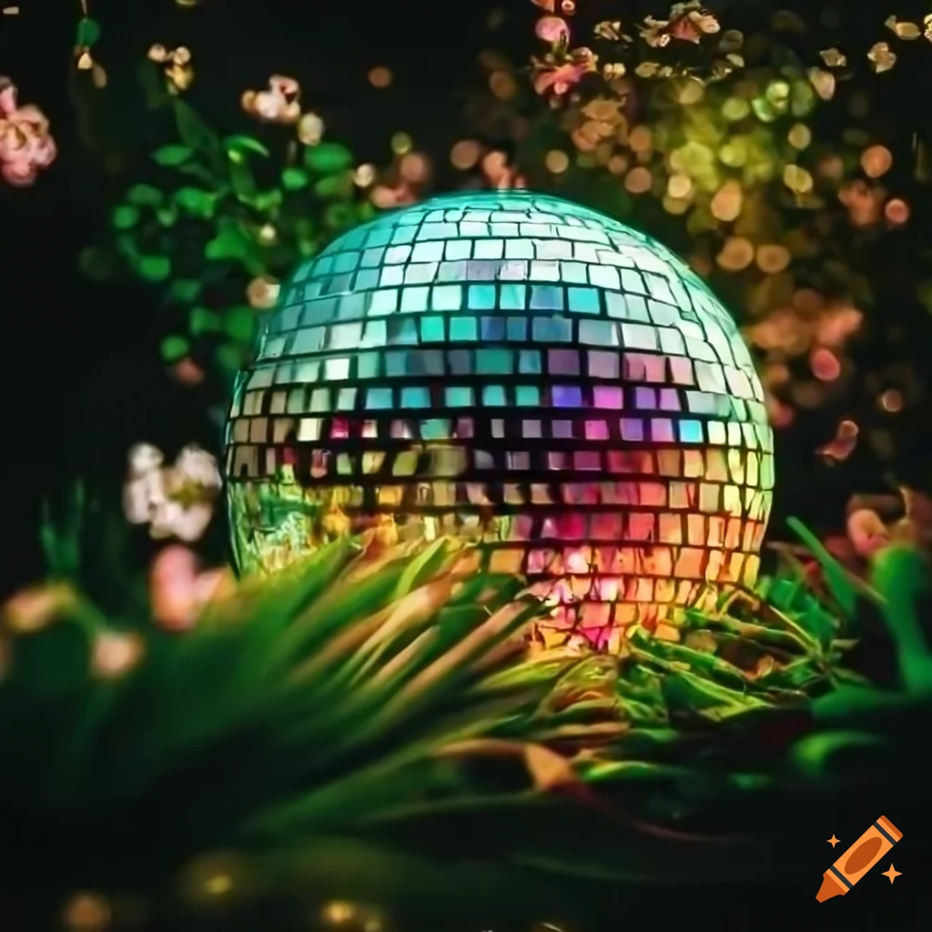 Sparkling rainbow disco ball among flowers and greenery on Craiyon