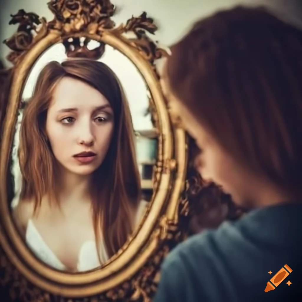 Young couple admiring reflections in an antique mirror on Craiyon
