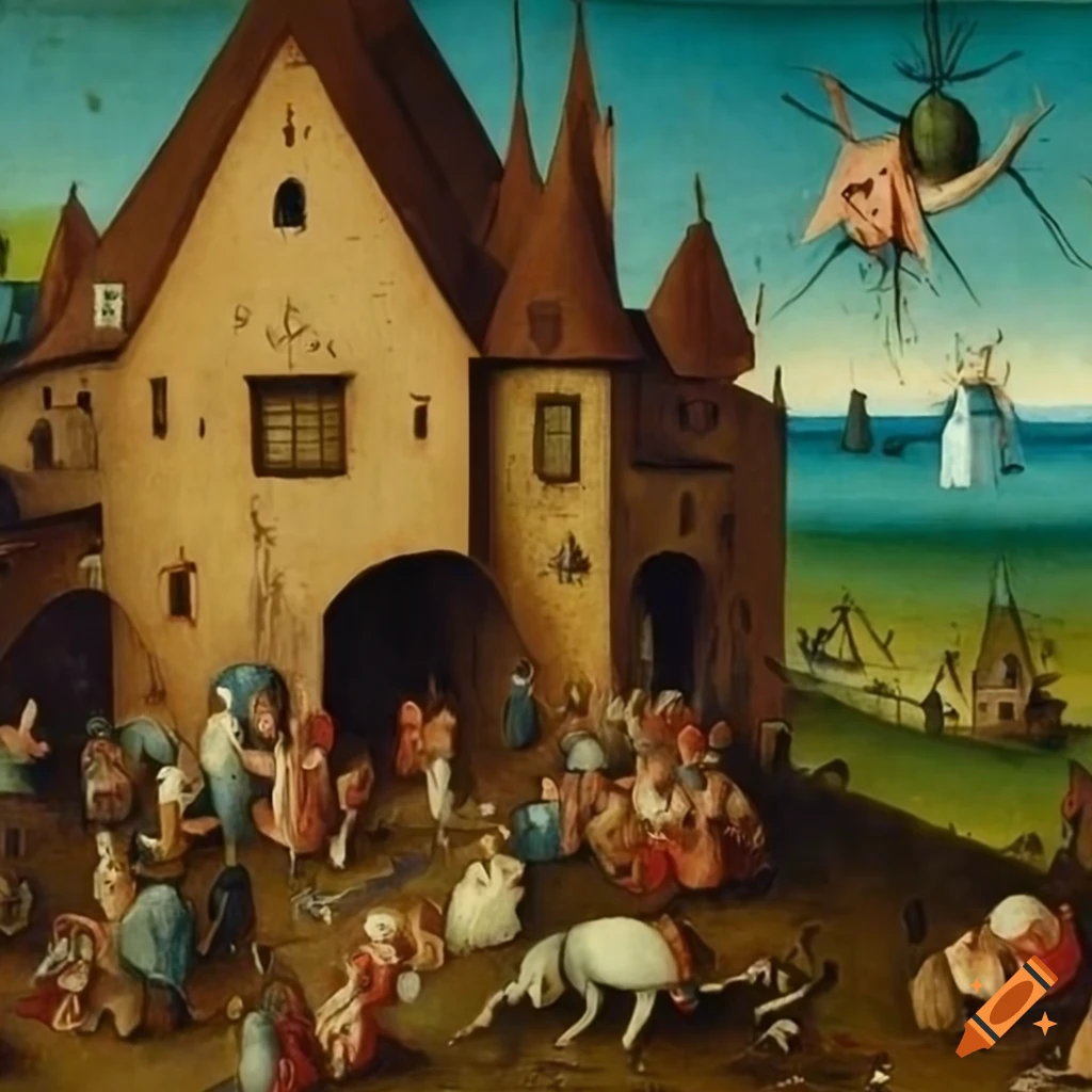 Surrealist medieval village scene inspired by Hieronymus Bosch with ...