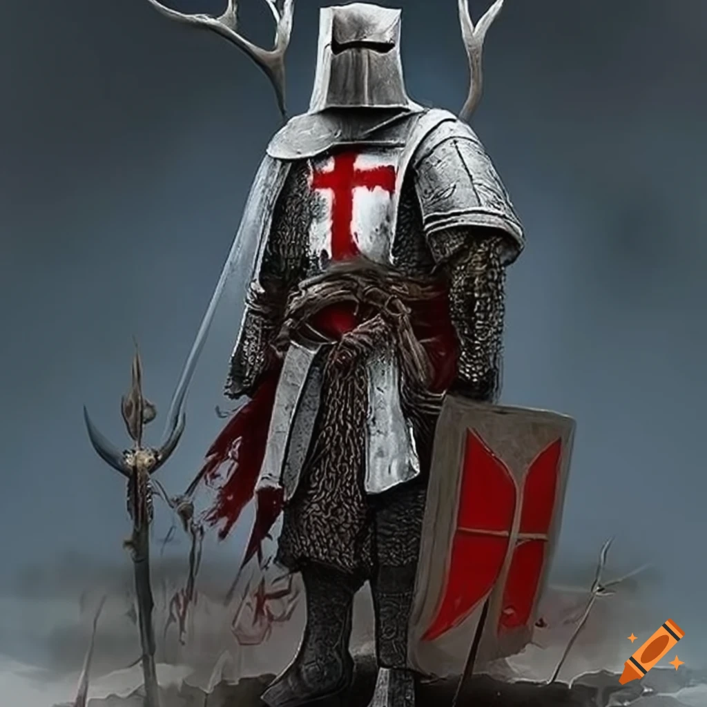 Templar knight with deer antlers wielding blood-covered swords on Craiyon