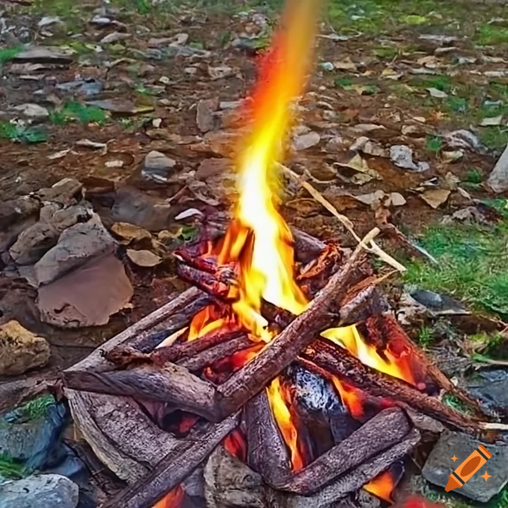 Tall flame of a crackling campfire in the bright daylight on Craiyon