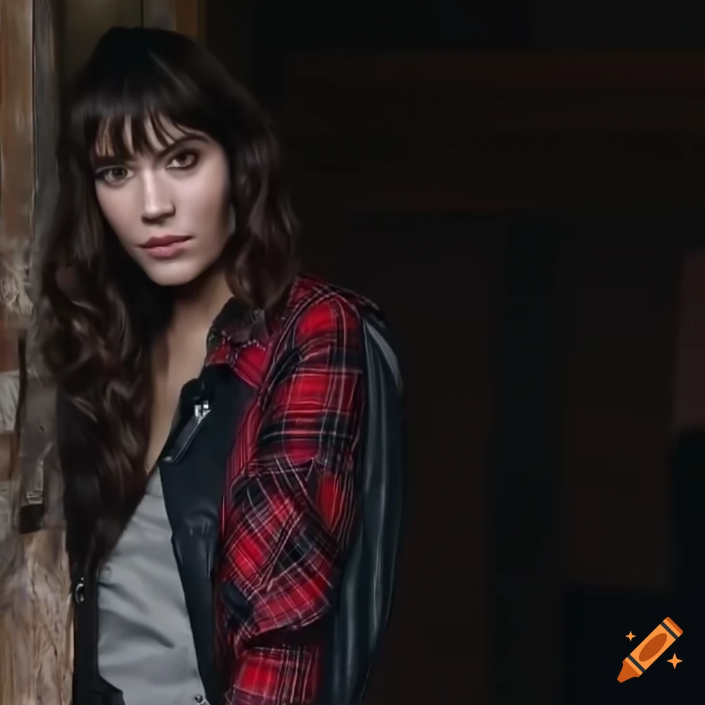 Actress in red plaid shirt and black leather jacket from a low rear ...
