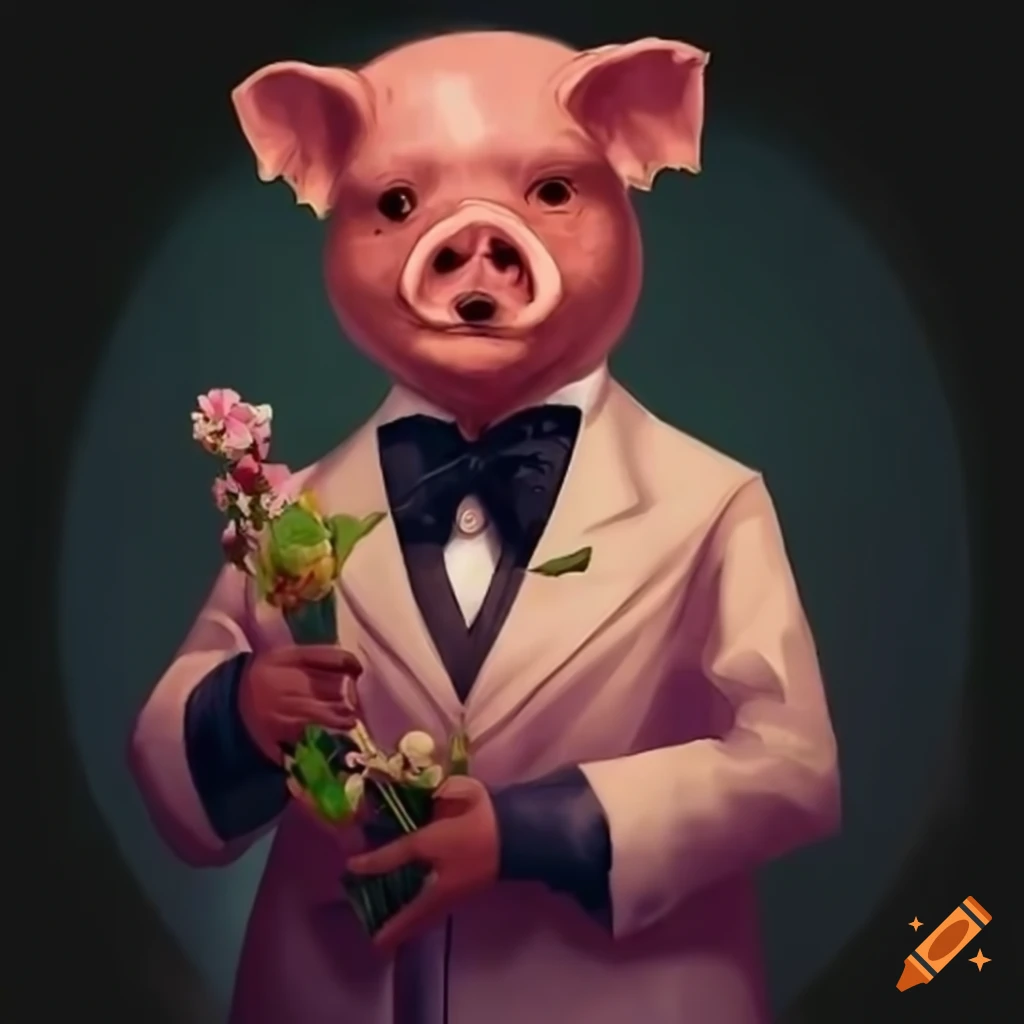 Misunderstood Pigman in formal attire holding a flower bouquet on Craiyon