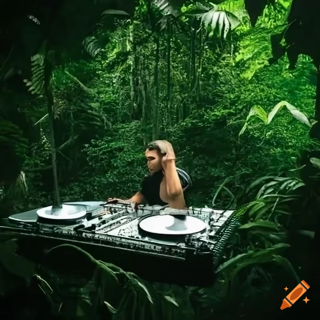DJ playing techno beats in a lush jungle setting on Craiyon