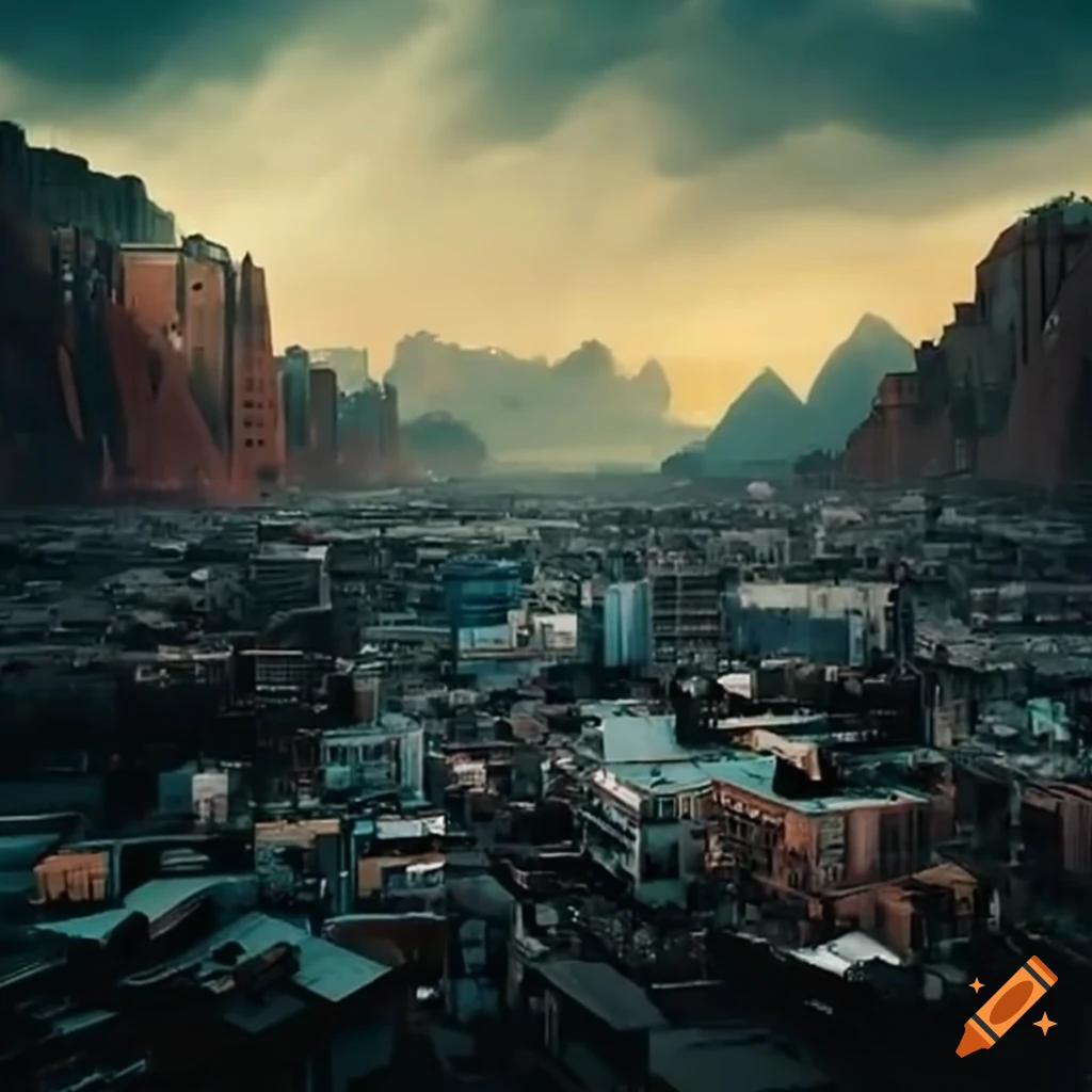 Crowded industrial megacity in a rocky valley on Craiyon