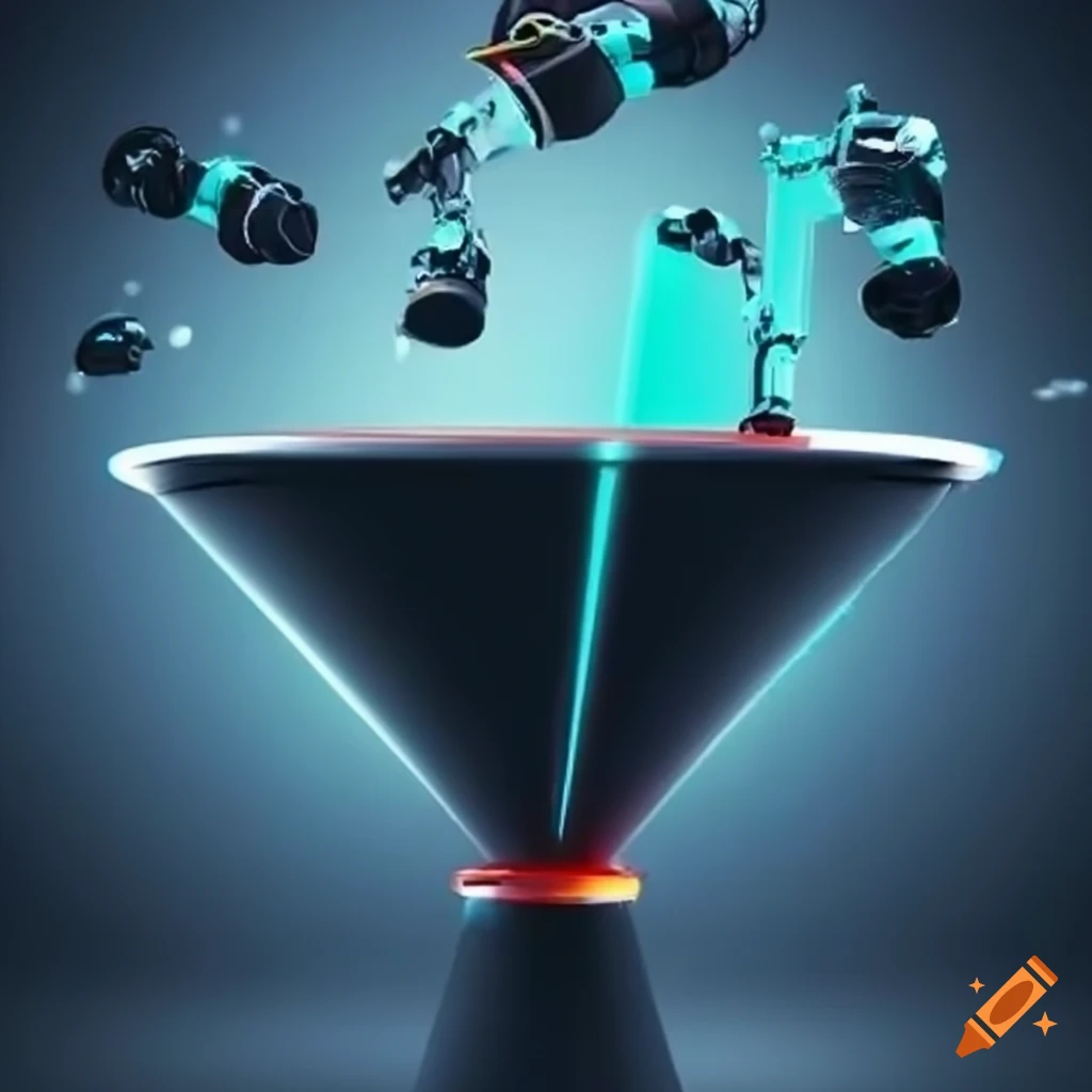 Robots inserting data graphs into a funnel exuding oil on Craiyon