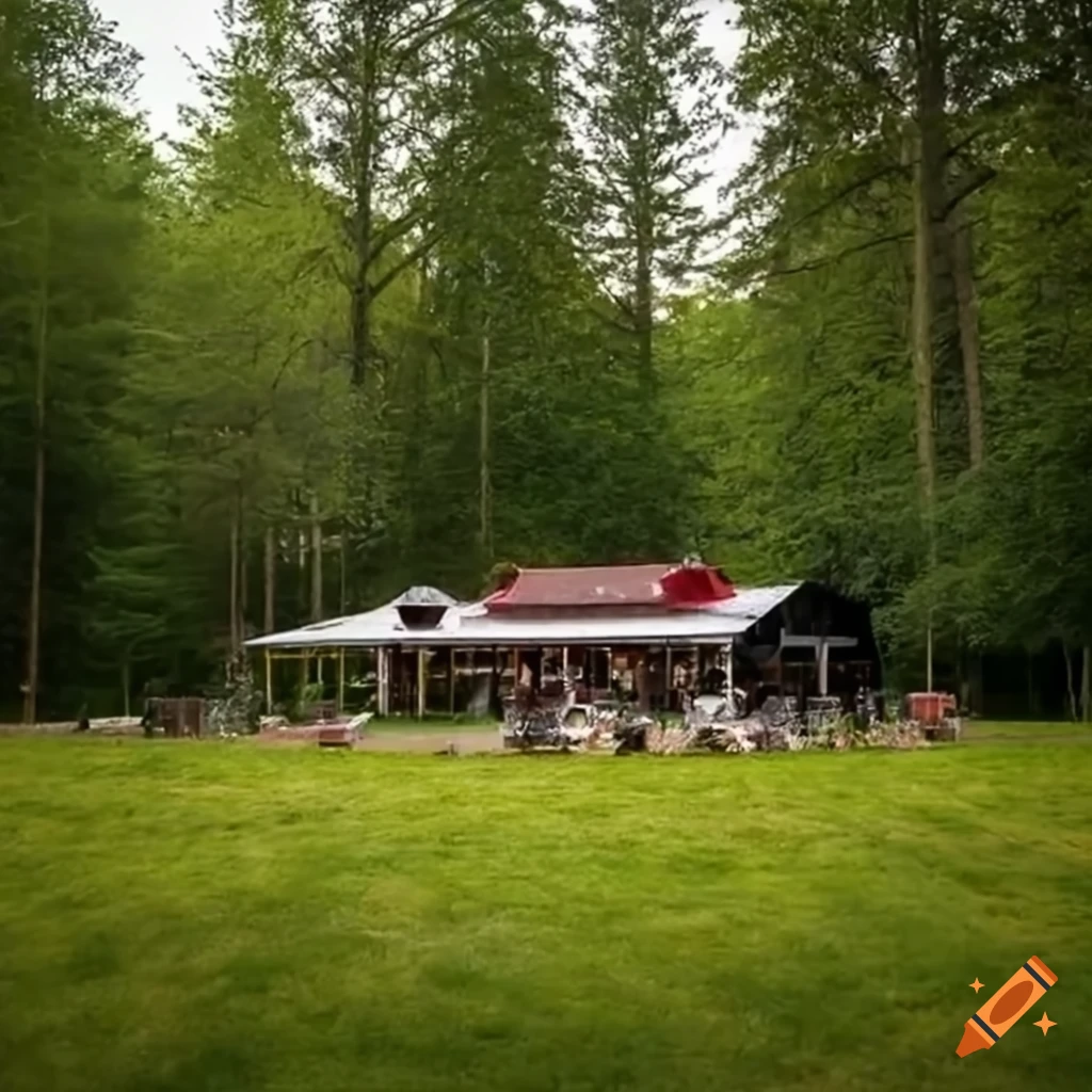 Restaurant in a meadow with a forest backdrop on Craiyon