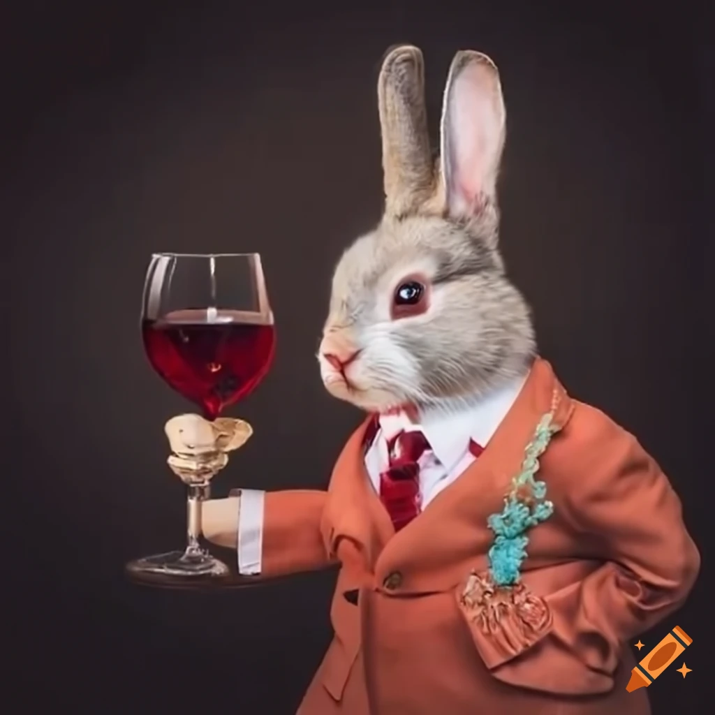 Easter rabbit in a suit holding wine on Craiyon